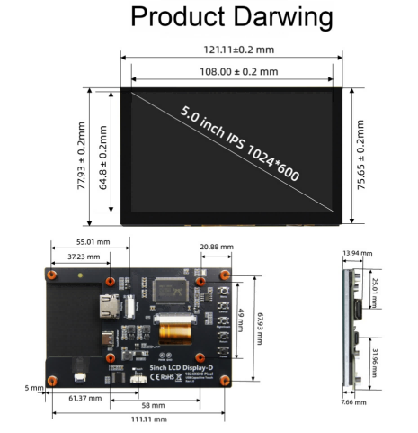 YBC050PKH-Q2 5-inch LCD display product dimensions and size diagram