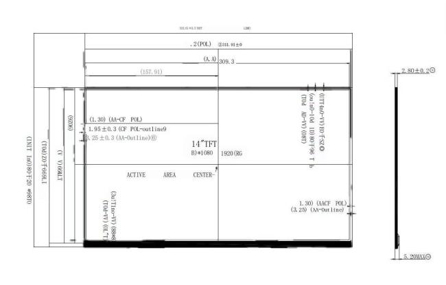 14 inch TFT LCD module mechanical dimensions