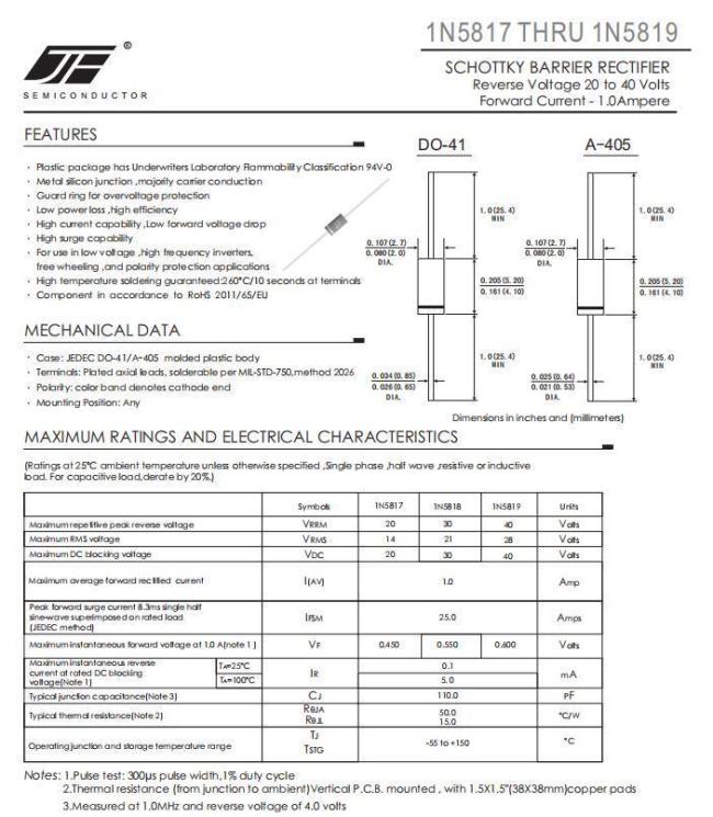 1n5819 1A 40V Schottky Barrier Rectifier Diode with Do-41 Package