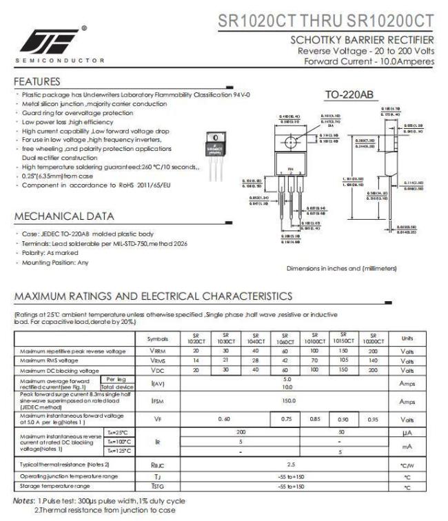 SR1020CT 10A 20V High Power Schottky Barrier Rectifier With TO-220AB Package