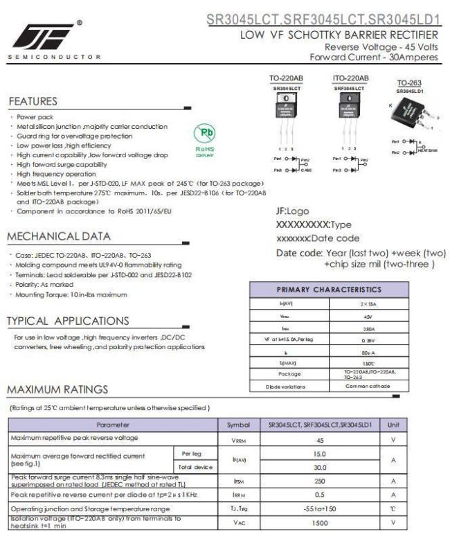 SR3045CT 30A 45V Schottky Barrier Recifier Diode with TO-220AB Package