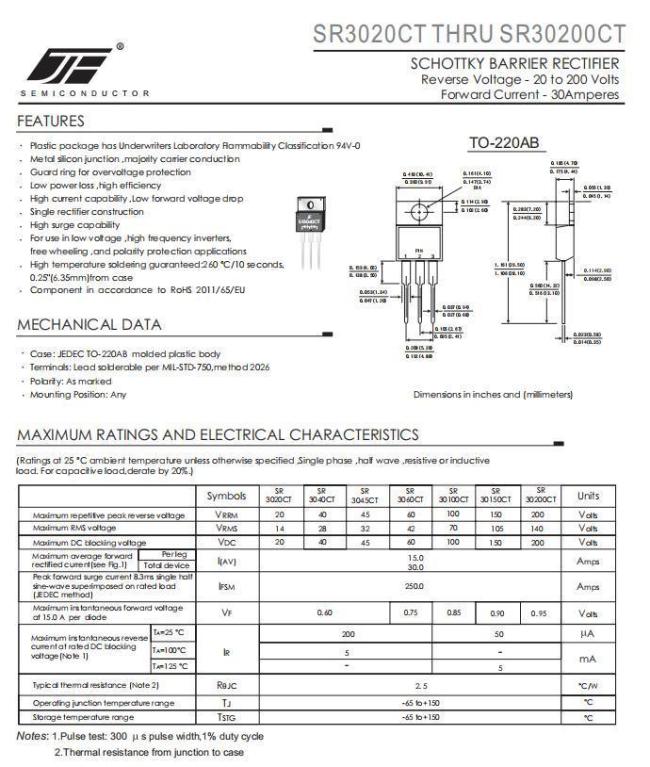SR3045CT 30A 45V Schottky Barrier Rectifier Diode with TO-220AB