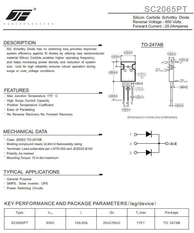 SC2065PT 650V 20A SIC Schottky Diode with TO-247AB Package