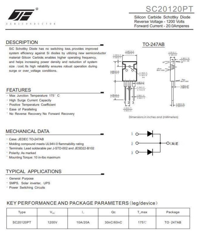SC20120PT 120V 20A SIC Schottky Barrier Rectifier Diode with TO247AB Package
