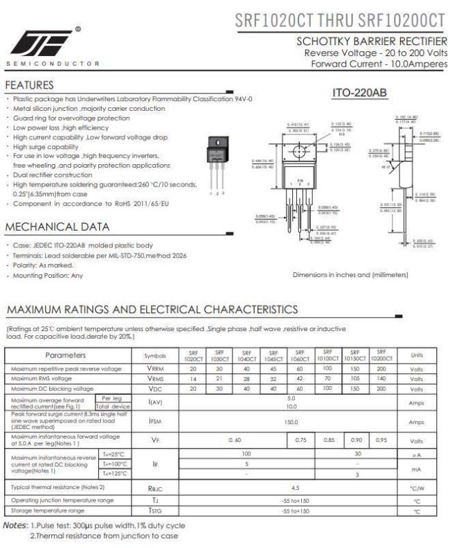 SRF1040CT 10A/40V Schottky Barrier Rectifier Diode with ITO-220AB