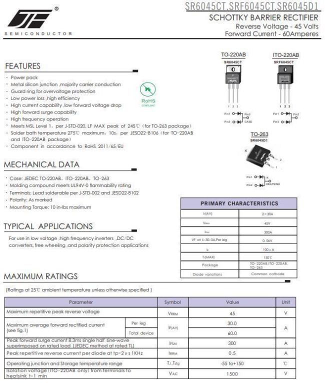 SR6060CT Schottky Rectifier Diode with 60A current 60V voltage