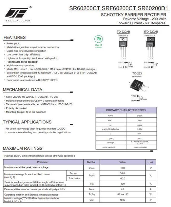 SR60200D1 60A/200V Schottky Barrier Rectifier Diode with TO263 Package