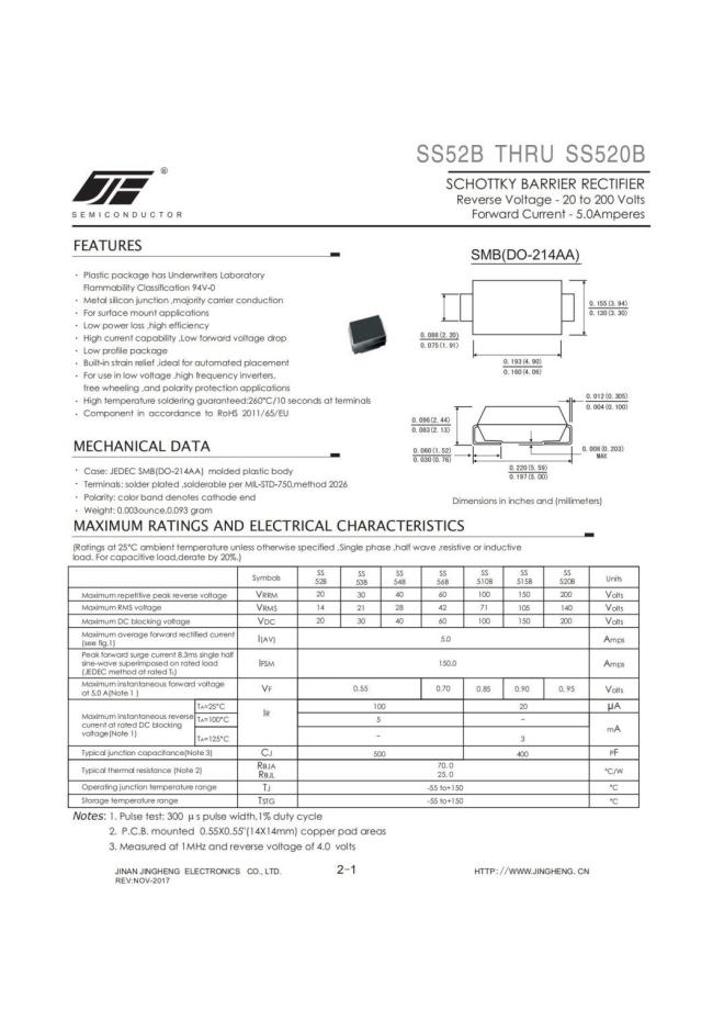 SS52B/SS54B/SS56B/SS510B/SS515B/SS520B/SS525B SCHOTTKY BARRIER RECTIFIER WITH SMB PACKAGE