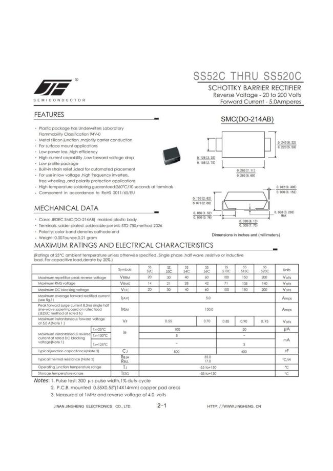 SS52C/SS54C/SS56C/SS510C/SS515C/SS520C/SS525C SCHOTTKY BARRIER RECTIFIER WITH SMC PACKAGE