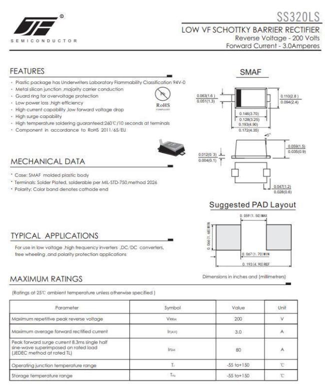 SMAF Outline SS34LS/SS36LS/SS38LS/SS310LS/SS315LS/SS320LS 3A Current Low Vf Schottky Diode