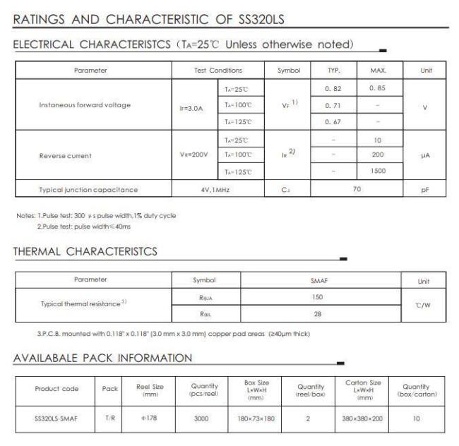 SMAF Outline SS34LS/SS36LS/SS38LS/SS310LS/SS315LS/SS320LS 3A Current Low Vf Schottky Diode