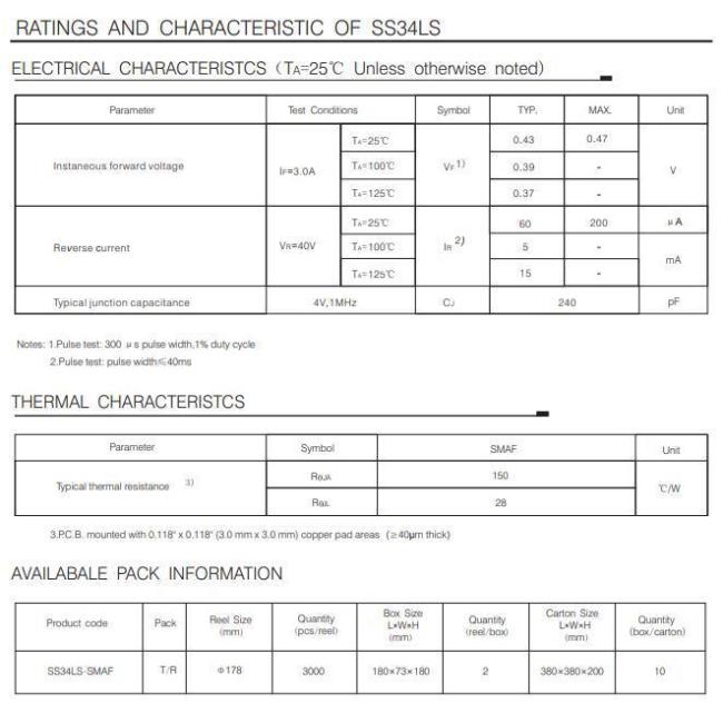 SMAF Outline SS34LS/SS36LS/SS38LS/SS310LS/SS315LS/SS320LS 3A Current Low Vf Schottky Diode