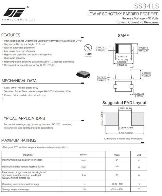 SMAF Outline SS34LS/SS36LS/SS38LS/SS310LS/SS315LS/SS320LS 3A Current Low Vf Schottky Diode