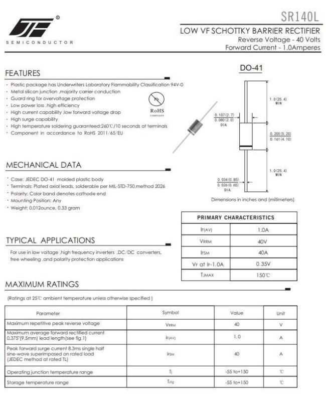 SR140L/SR150L/SR160L/SR1100L/SR1150L/SR1200L Series Low Vf Schottky Barrier Rectifier Diode with DO-41 Package