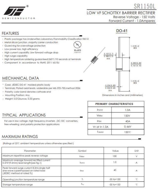 SR140L/SR150L/SR160L/SR1100L/SR1150L/SR1200L Series Low Vf Schottky Barrier Rectifier Diode with DO-41 Package