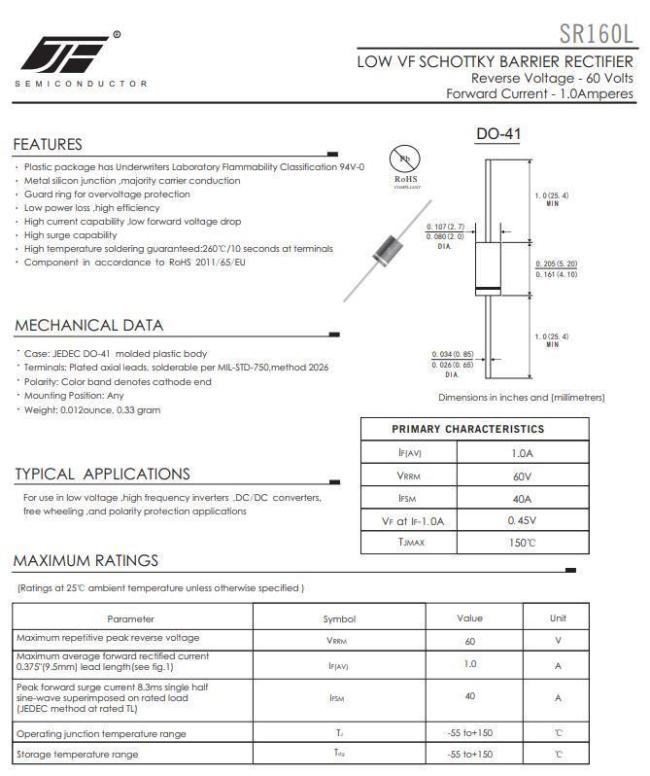 SR140L/SR150L/SR160L/SR1100L/SR1150L/SR1200L Series Low Vf Schottky Barrier Rectifier Diode with DO-41 Package