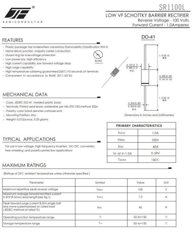 SR140L/SR150L/SR160L/SR1100L/SR1150L/SR1200L Series Low Vf Schottky Barrier Rectifier Diode with DO-41 Package