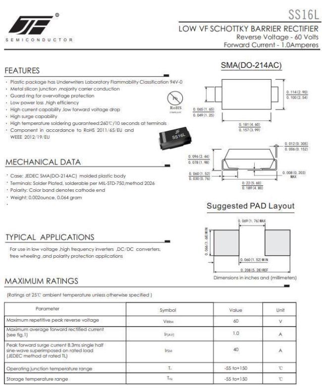 SS14L/SS16L/SS110L/SS115L/SS120L Low Vf Schottky Barrier Rectifier Diode with SMA Package