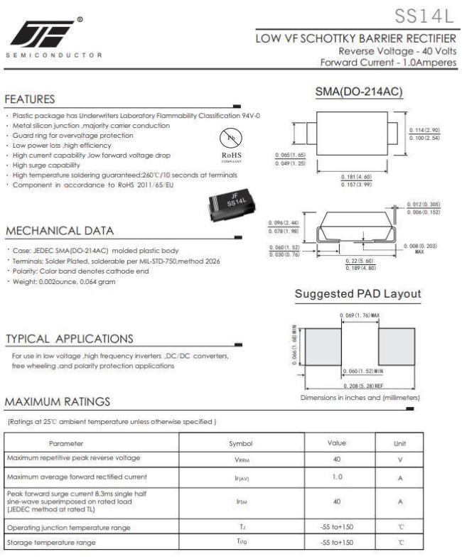 SS14L/SS16L/SS110L/SS115L/SS120L Low Vf Schottky Barrier Rectifier Diode with SMA Package
