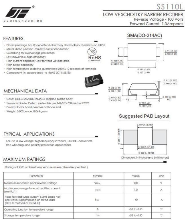 SS14L/SS16L/SS110L/SS115L/SS120L Low Vf Schottky Barrier Rectifier Diode with SMA Package