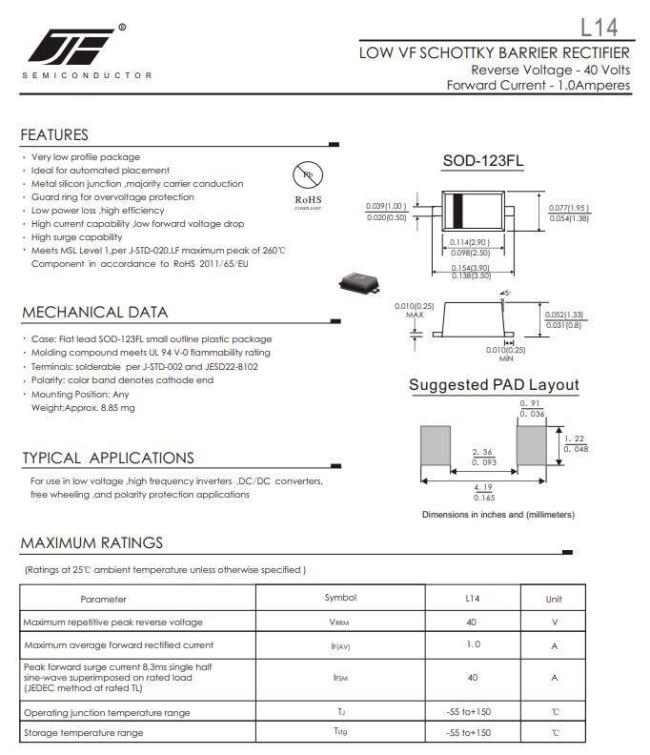 L14 1A current Low Forward Schottky Diode with SOD-123FL Outline