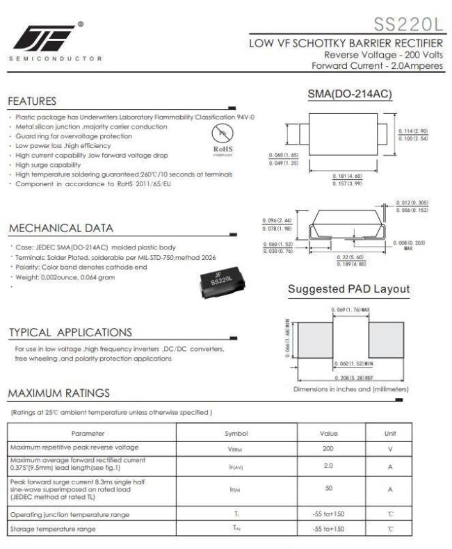 SS220L 2A 200V LOW VF SCHOTTKY DIODE WITH DO-214AC PACKAGE