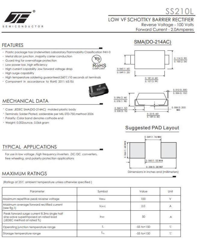SS210L 2A 100V SMA PACKAGE LOW FORWARD VOLTAGE SCHOTTKY DIODE