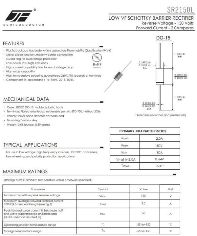 SR2150L Low Vf Schottky Barrier Rectifier Diode wtih DO-15 Package