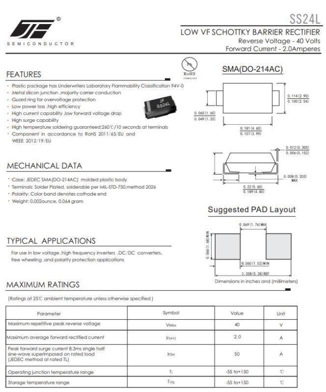 SS24L 2A 40V Low Forward Schottky Diode with SMA Package