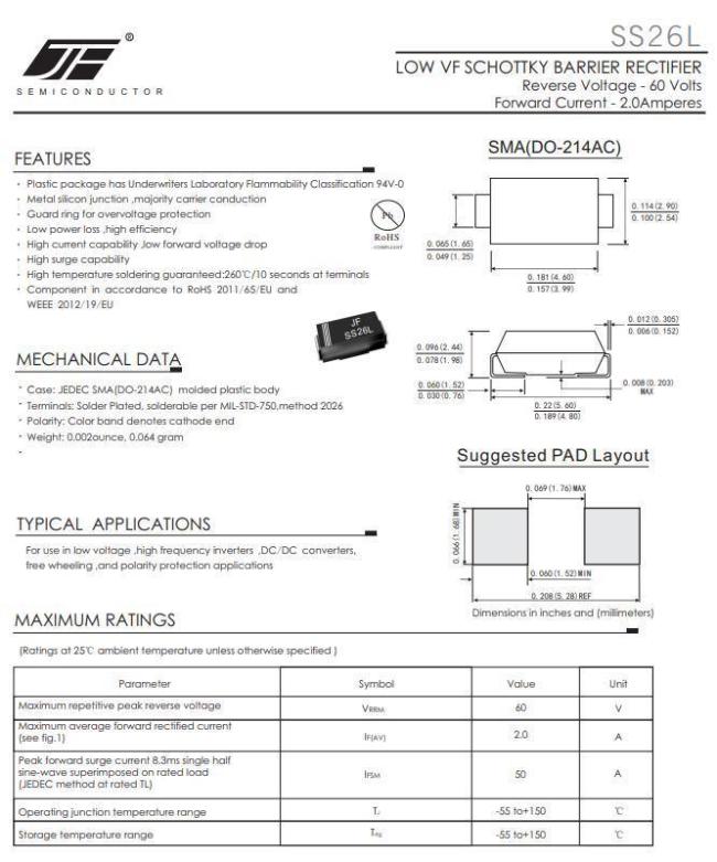 SS26L Low Forward Schottky Diode with DO-214AC Outline