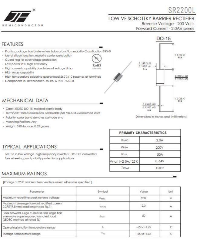 SR2200L 2A 200V LOW VF SCHOTTKY BARRIER RECTIFIER DIODES WITH DO-15 PACKAGE