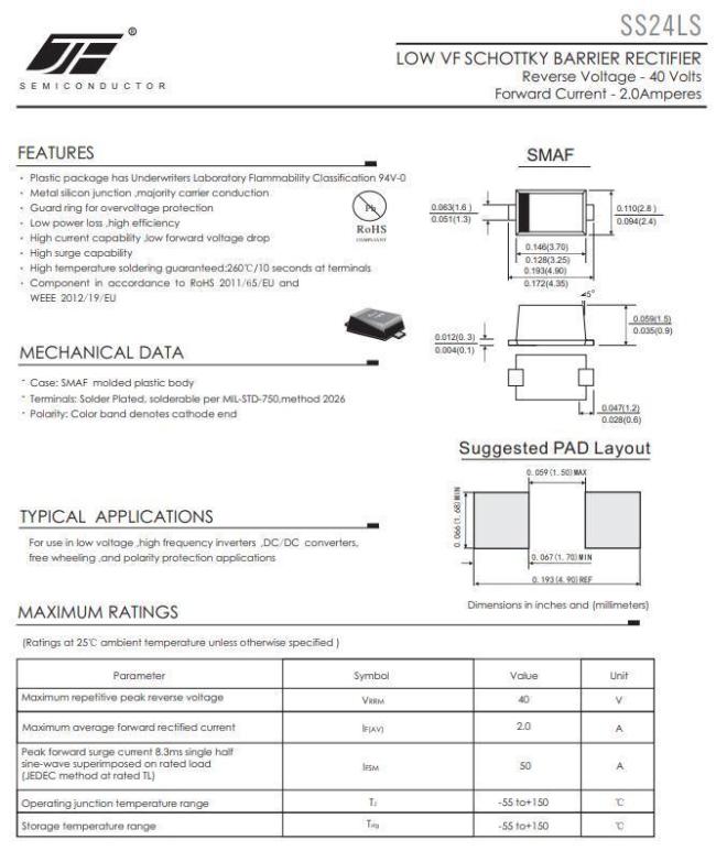 SS24LS/SS26LS/ SS210LS/SS215LS/SS220LS Series Low Vf Schottky Barrier Rectifier Diode With Ultrathin SMAF Package