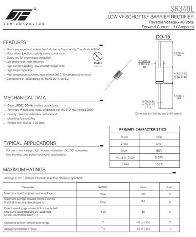 SR340L /SR360L /SR380L /SR3100L//SR3150L//SR3200L Low Vf Schottky Diode with DO-15 Package