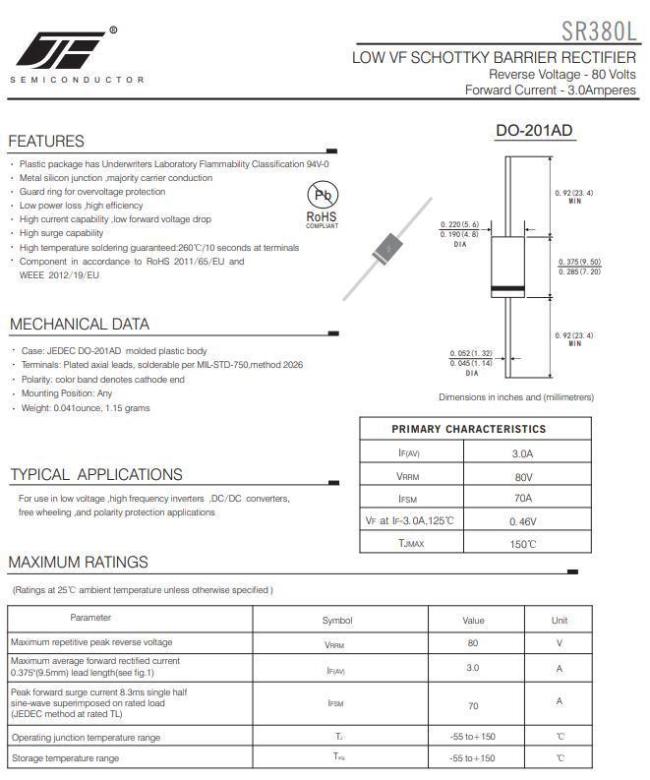 SR380L Low forward voltage schottky barrier rectifier diode with DO-201AD package