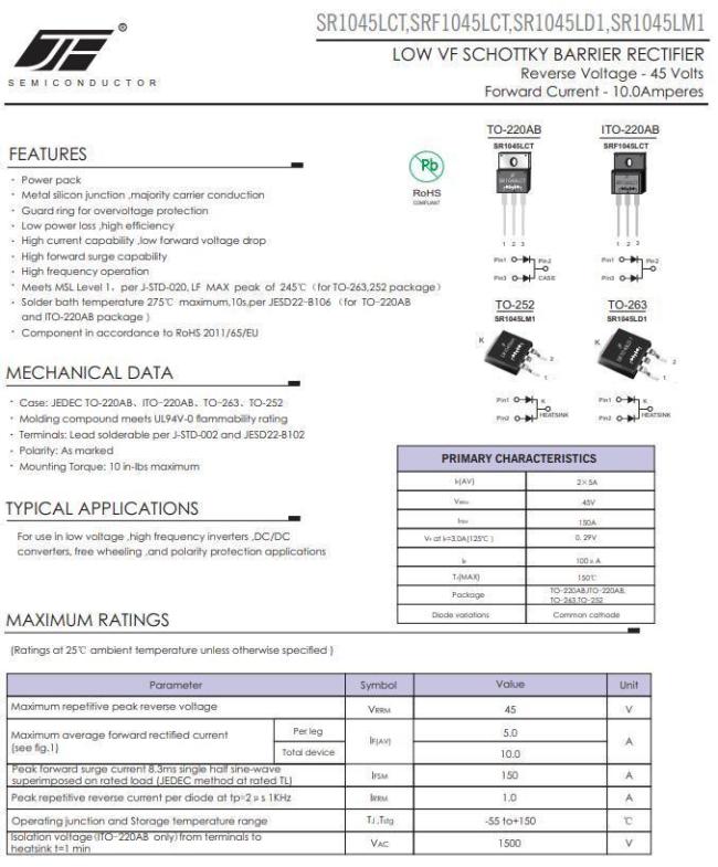 SR1045LD1/SR1060LD1/SR10100LD1/SR10150LD1/ SR10200LD1 Series 10A Current Low Vf Schottky Diode With TO-263 Package