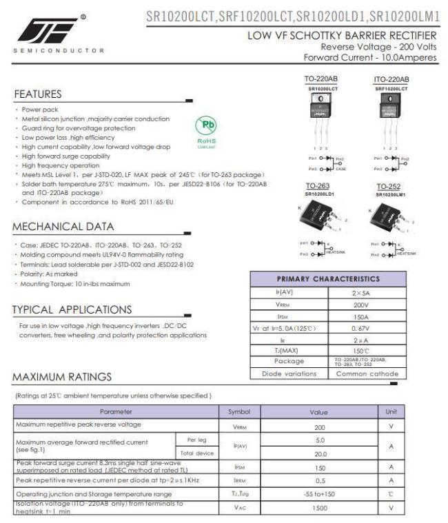 SR1045LD1/SR1060LD1/SR10100LD1/SR10150LD1/ SR10200LD1 Series 10A Current Low Vf Schottky Diode With TO-263 Package