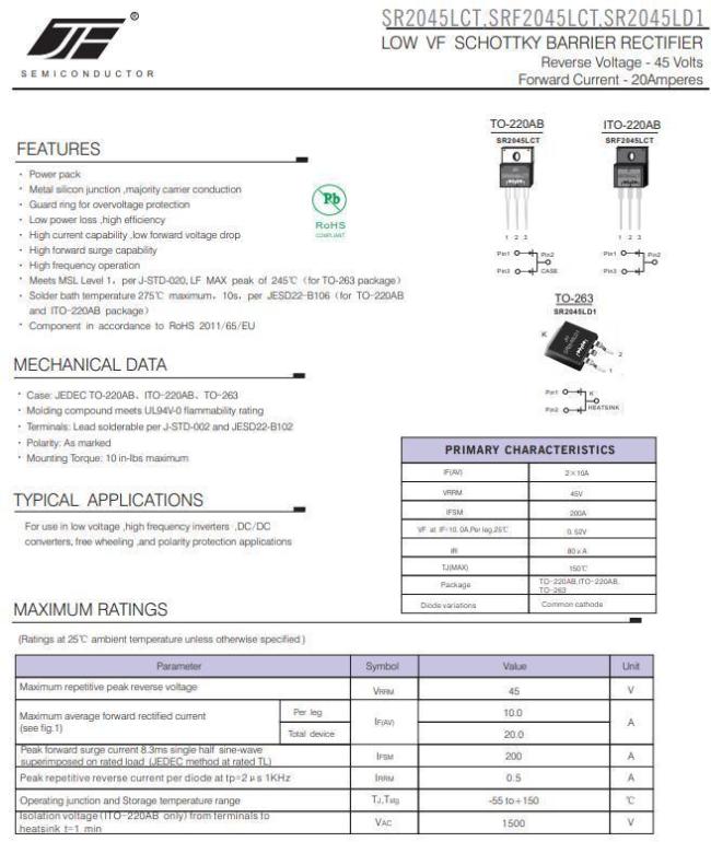 SRF2045LCT/SRF2060LCT/SRF2080LCT/SRF20100LCT/SRF20120LCT/SRF20150LCT/SRF20200LCT Series 20A High Power Low Vf Schottky Diode with ITO-220AB Package