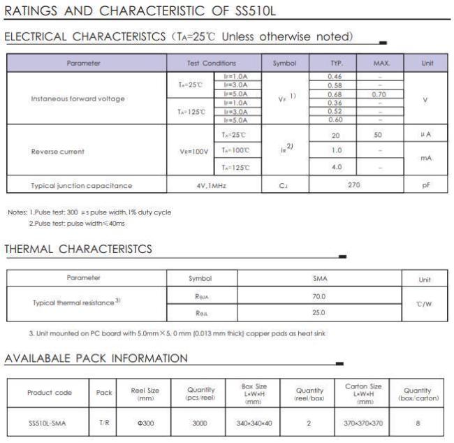 SS54L/SS56L/SS510L/SS515L SS520L Low Forward Voltage Schottky Diode With SMA Package