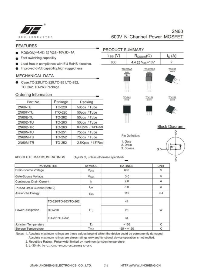 2N60F/4N60F/4NE60F/6N60F/7N60F/8N60F/10N60F/12N60F 600V VOLTAGE PLANER N-CHANNEL MOSFET WITH ITO-220AB CASE