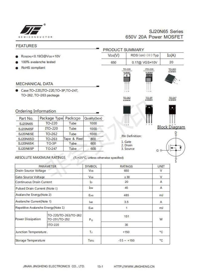 SJ20N65 SUPER JUNCTION N-CHANNEL MOSFET WITH 20A 650V