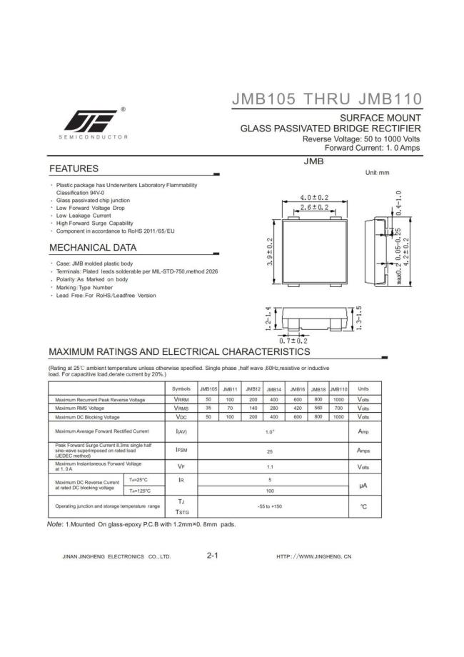 JMB105 THRU JMB110 SURFACE MOUNTGLASS PASSIVATED BRIDGE RECTIFIER DIODE WITH JMB PACKAGE