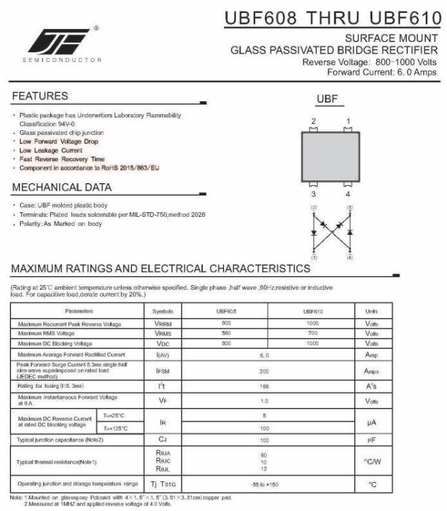 UBF610 6A 1000V GLASS PASSIVATED BRIDGE RECTIFIER