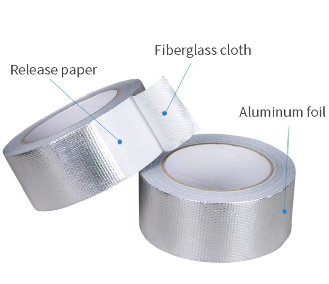 Aluminum foil fiberglass cloth tape roll showing metallic foil surface and reinforced fiberglass backing