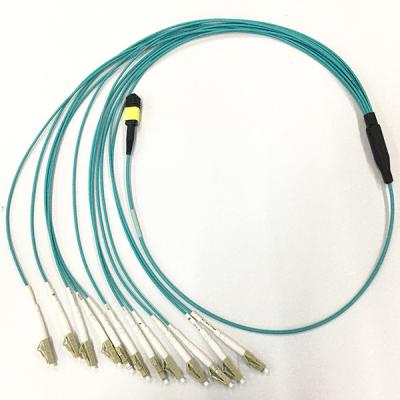 China MPO To LC Breakout Fiber Optic Cable 3.0mm 12F LSZH Material Aqua OM3-300 PC Polish for sale