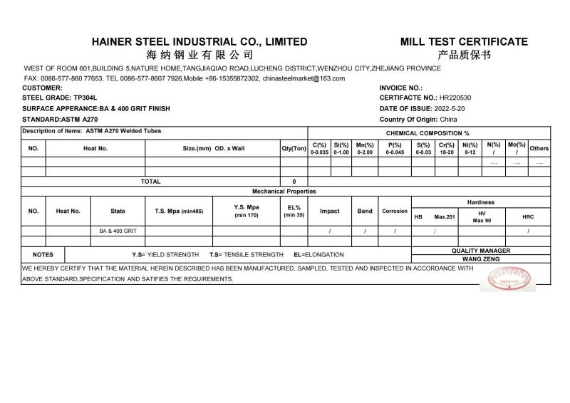 MTC ASTM A270 BA&400 GRIT FINISH TP304L - HAINER STEEL INDUSTRIAL CO.,LIMITED
