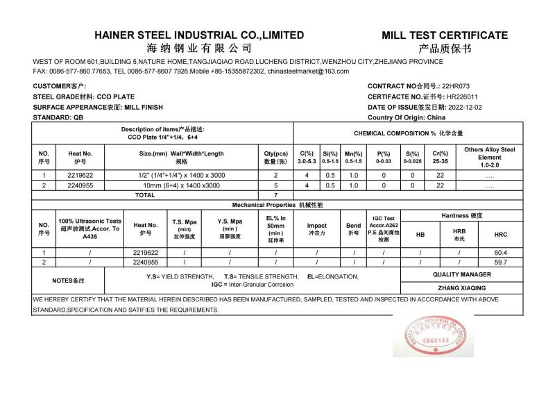 MTC QB CCO PLATE 1/4''+1/4. 6+4 MILL FINISH - HAINER STEEL INDUSTRIAL CO.,LIMITED