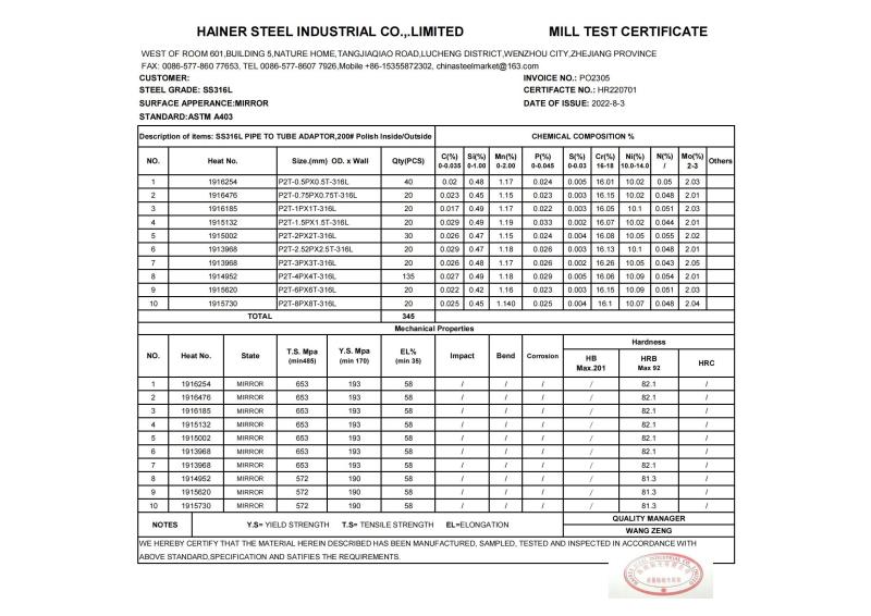 MTC ASTM A403 SS316L MIRROR SURFACE - HAINER STEEL INDUSTRIAL CO.,LIMITED