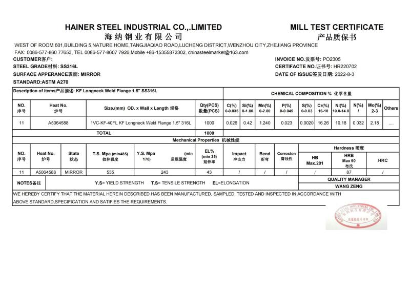 MTC ASTM A270 WELD FLANGE SS316L MIRROR FINISH - HAINER STEEL INDUSTRIAL CO.,LIMITED