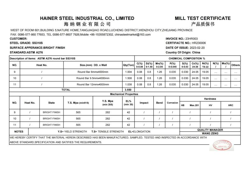 MTC ASTM A276 ROUND BAR SS310S BRIGHT FINISH - HAINER STEEL INDUSTRIAL CO.,LIMITED