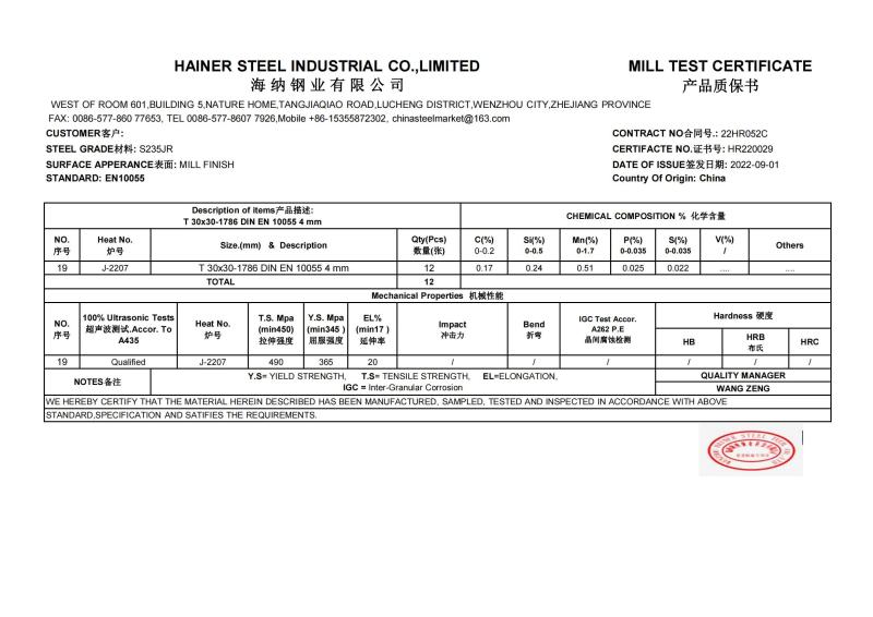 MTC T 30*30-1786 DIN EN10055 4MM S235JR MILL FINISH - HAINER STEEL INDUSTRIAL CO.,LIMITED